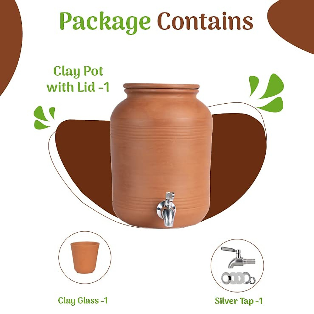 Village Decor Handmade Earthen Clay Water Pot | Clay Beverage Dispenser with Stainless Steel Faucet and Clay Glass, Capacity 6000 ml / 202 oz