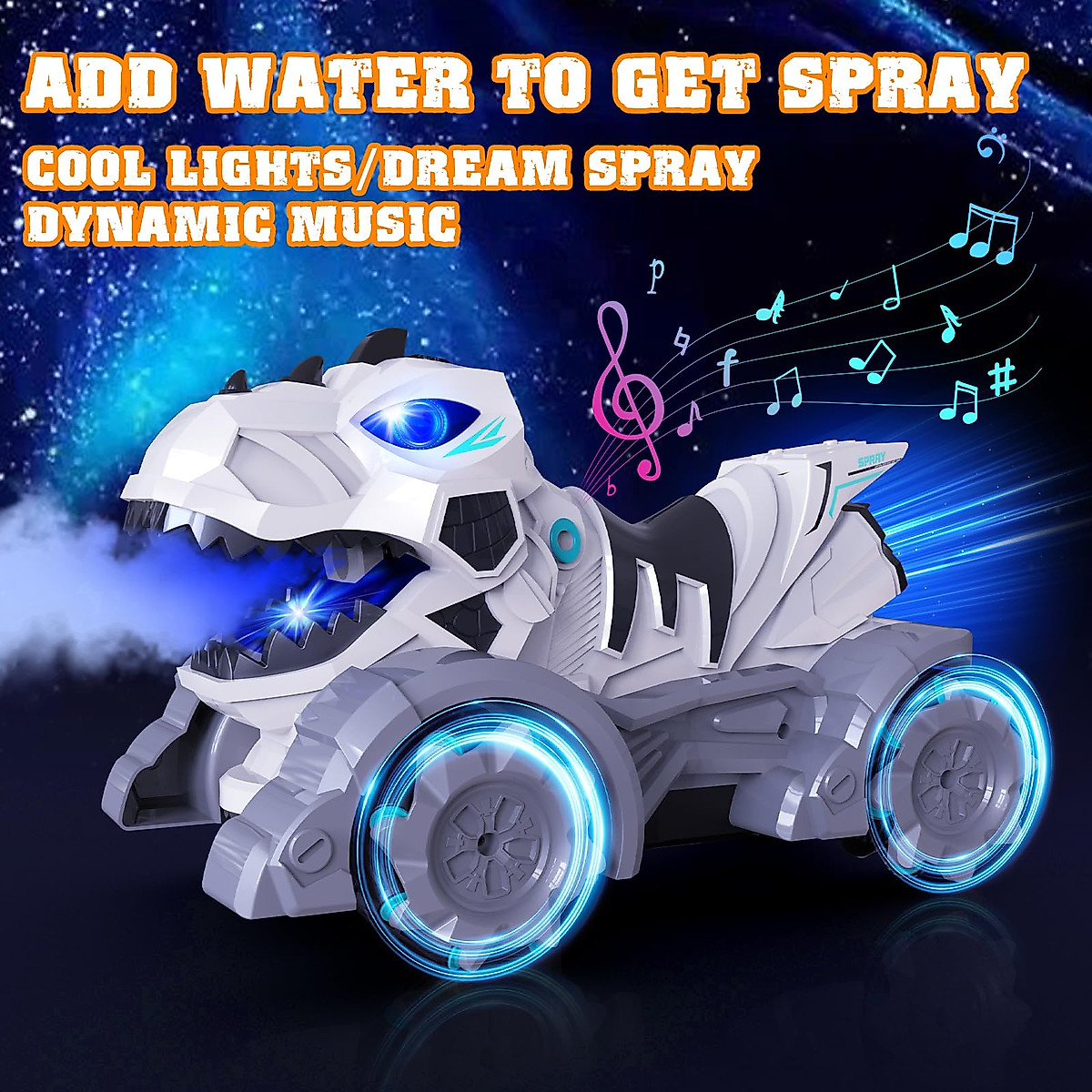 Remote Control Cars Dinosaur Trucks, 2.4 GHz Rechargeable RC Cars Dinosaur Toys for Boys Kids Age 4-7 8-12 With Light Sound Spray, 360°Rotation Drift 1:14 RC Dino Monster Truck, Gifts for Boys (White)