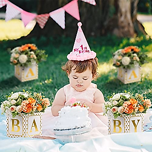 4 PCS Gold Flower Baby Shower Boxes Decor Table Floral Centerpieces Boxes for Gender Reveal Decoration Bronzing Flower Block Holder with Baby Letters Girls Boys Birthday Party Arrangement Favor