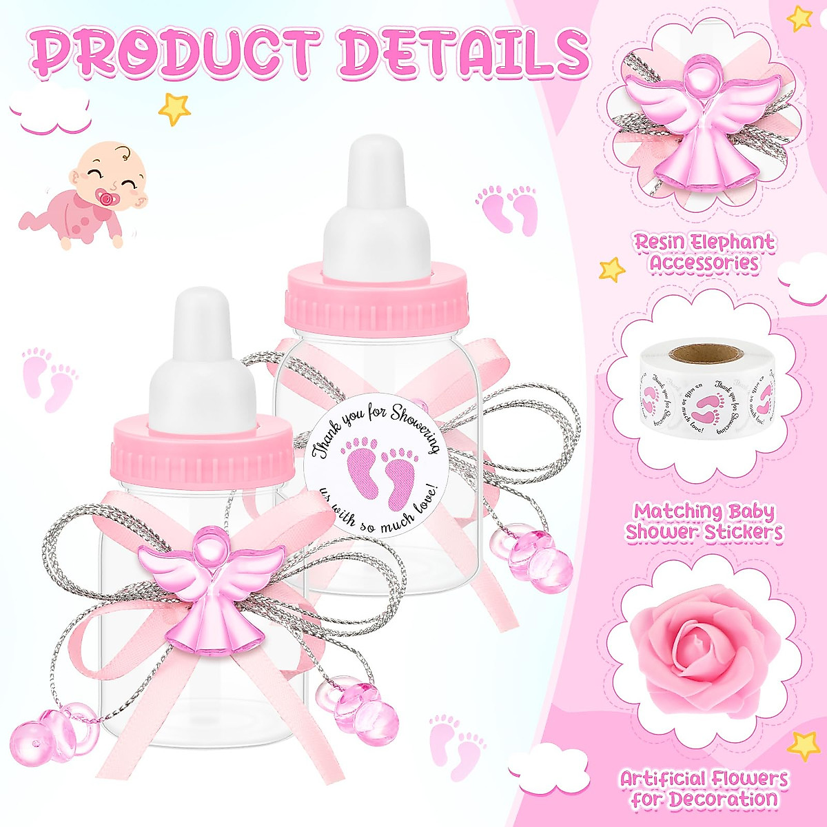 Vesici 61 Pcs Baby Shower Party Favors Set, 48 Mini Angel Milk Bottles 1 Roll Thanks Sticker 12 Artificial Roses for Newborn Baptism Party(Pink)