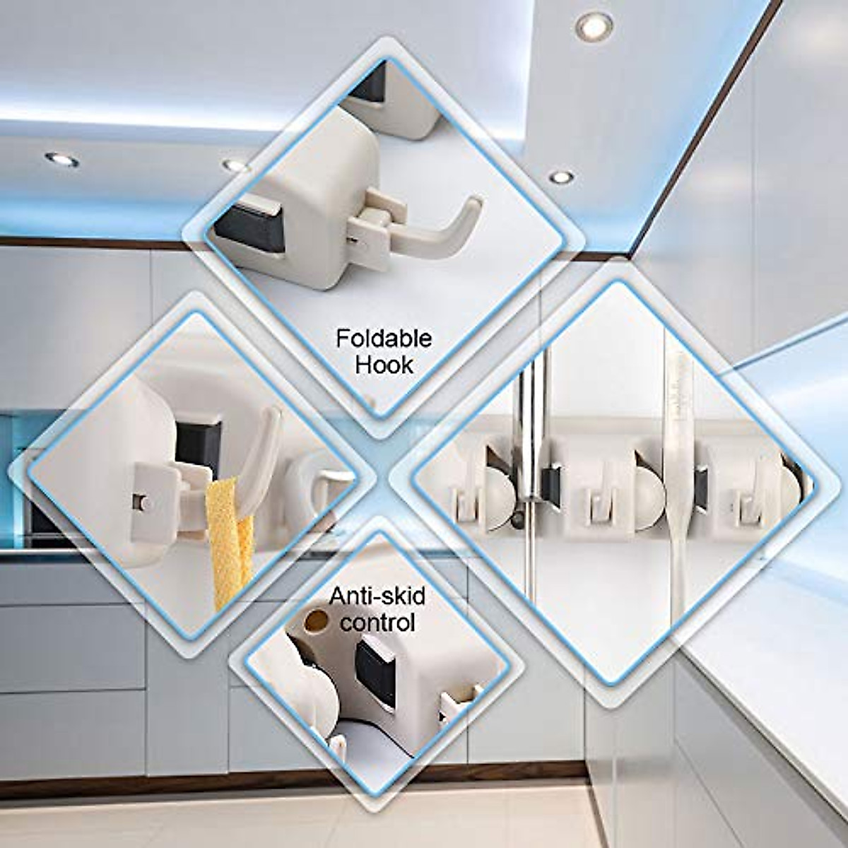 Cchainway Mop and Broom Holder, 5 Position with 6 Hooks Garage Storage Holds up to 11 Tools, Multipurpose Wall Mounted Tool Rack Organizer for Kitchen Garage