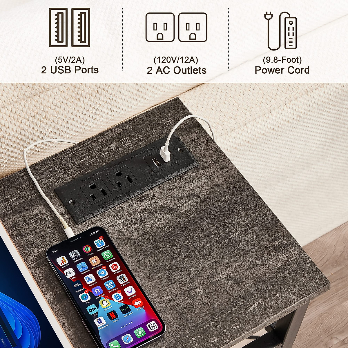 VECELO 71 inches Narrow Console Sofa Table Behind Couch with Power Outlet and USB Ports, 12'' Skinny Long Charging Stations for Entryway, Living Room, Foyer, Dark Grey