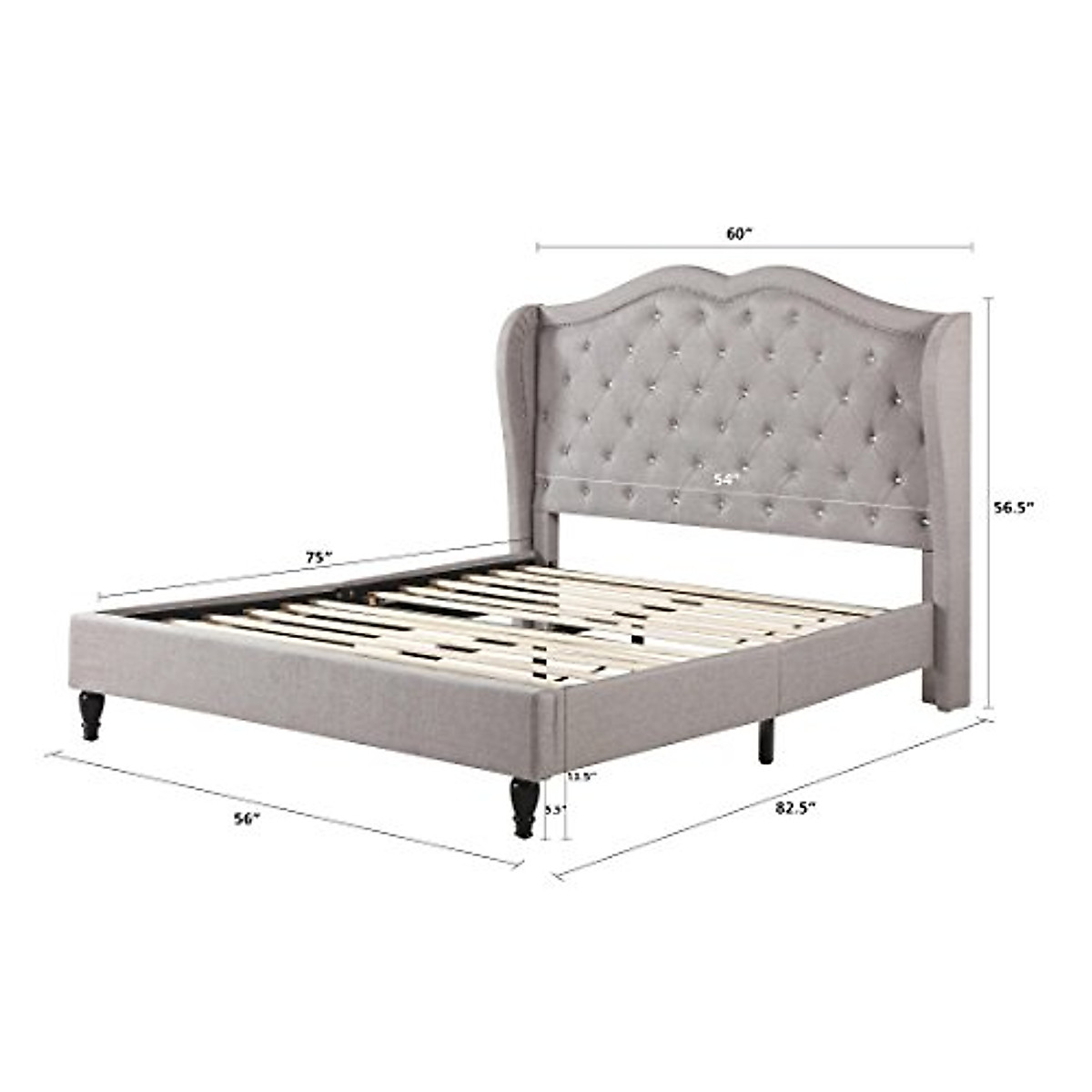 Home Life Premiere Curved Classics Cloth Light Grey Silver Linen 51" Tall Headboard Platform Bed with Slats Full- 019