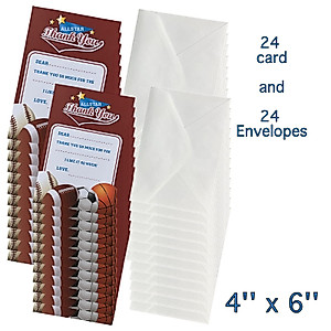 ALAZCO 24 Fill in the Blank Thank You Post Cards with Envelopes – Easy & Fun Gender Neutral Sports Themed All Star Thank You Notes For Boys or Girls Baseball Basketball Soccer Football