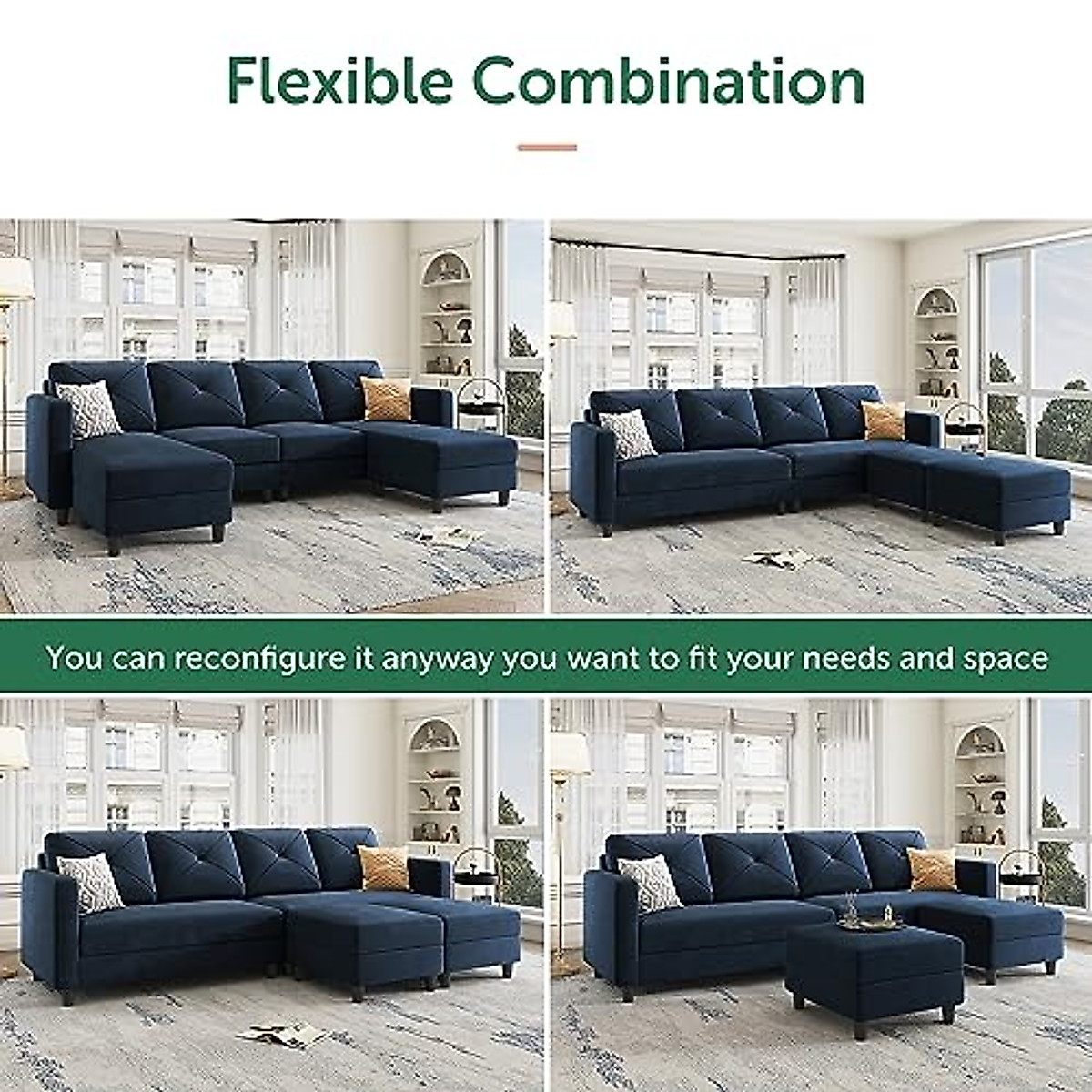 HONBAY Velvet Sectional Sofa with Chaise U Shaped Sectional Couch 4 Seat Sofa for Living Room, Dark Blue