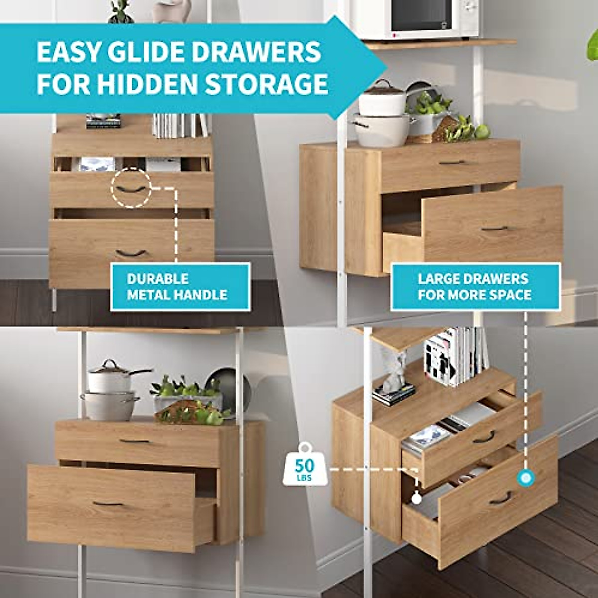 CECER Bookshelf with Wood Drawers and Matte Steel Frame for Small Places Bedroom Office Apartment