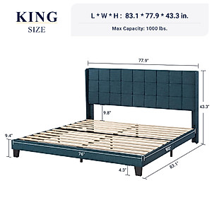 Allewie King Size Platform Bed Frame with Wingback, Upholstered Square Stitched Headboard and Wooden Slats, Mattress Foundation, Box Spring Optional, Easy Assembly, Dark Blue