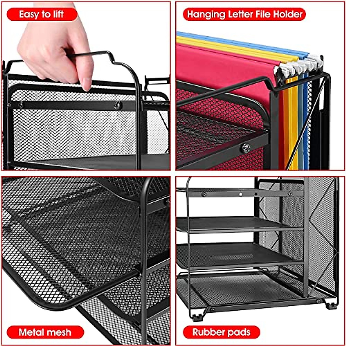 Ekisemio 4 Tier Mesh Document Trays with Vertical Upright Section for Hanging File Holders, Mesh Office Supplies Desk Organizer, Black