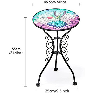 Outdoor Patio Side Table, 21" Round End Table with 14" Hummingbird Pattern Glass Top, Small Accent Table Bistro Coffee for Living Room Porch Balcony Garden Yard