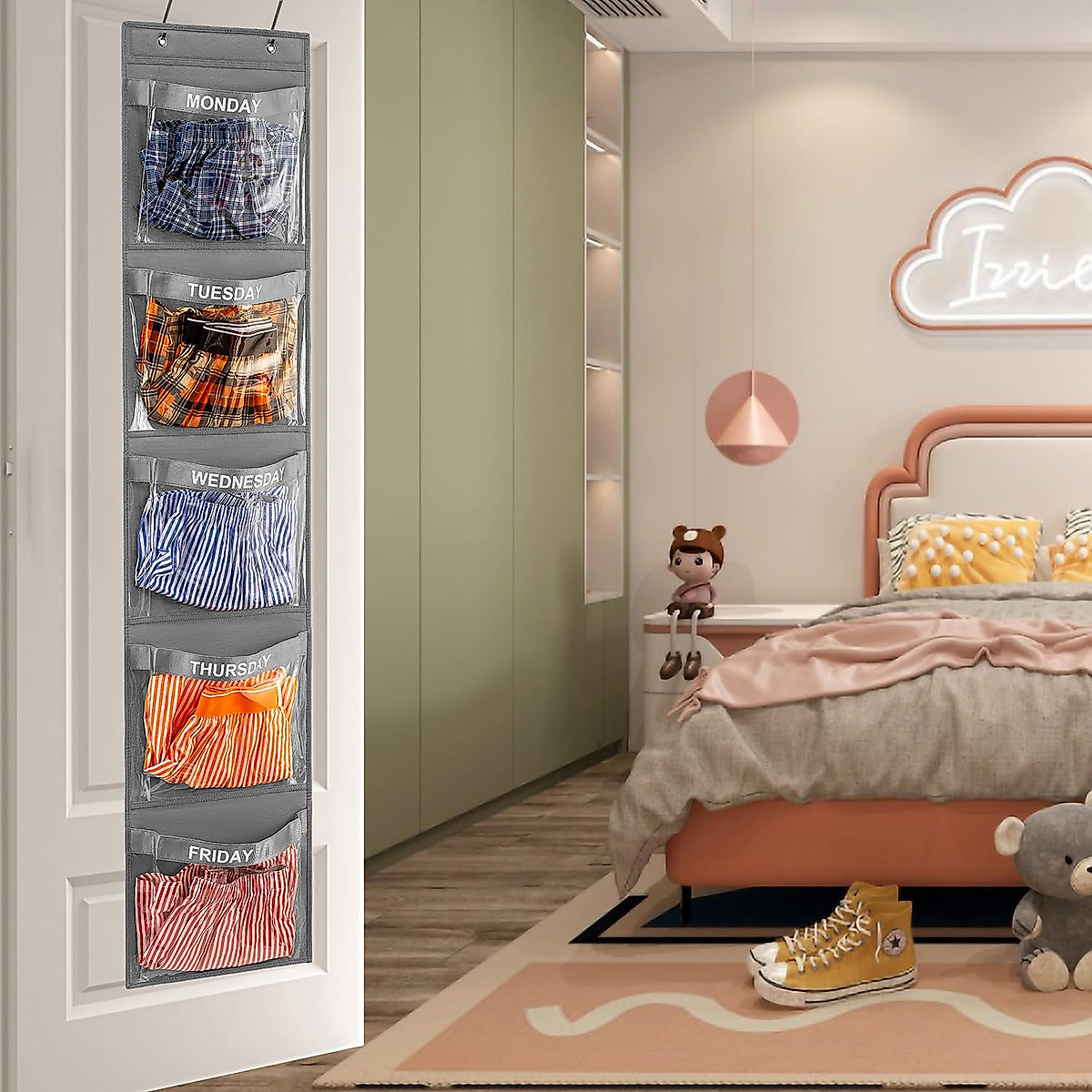 TEMUORG 2 Pcs Day of Week Clothing Organizer Monday to Friday School Clothes Organizer for Kids Weekly Hanging Closet Organizer (GREY)