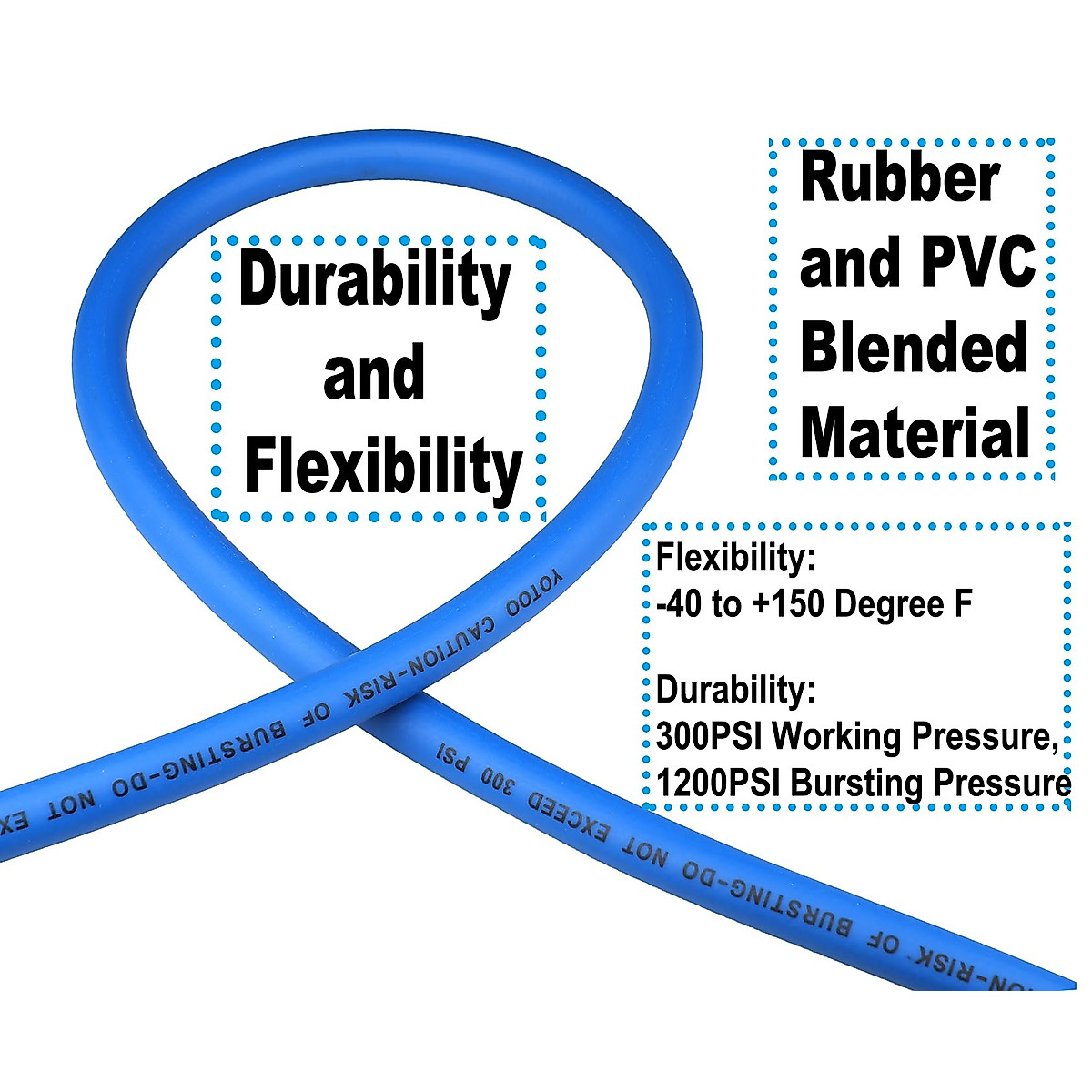 YOTOO Hybrid Air Hose 1/4in. x 100 ft, 300 PSI Heavy Duty Air Compressor Hose, Lightweight, Kink Resistant, All-Weather Flexibility with 1/4-Inch Industrial Air Fittings and Bend Restrictors, Blue