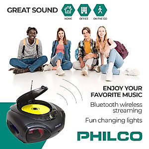 Philco Portable Bluetooth Boombox CD Player with AM FM Radio and USB Playback | Fun Lights |Stereo Sound | CD Player is Compatible with MP3/WMA/CD-R/CD-RW CDs | 3.5mm Aux Input | AC/Battery Powered