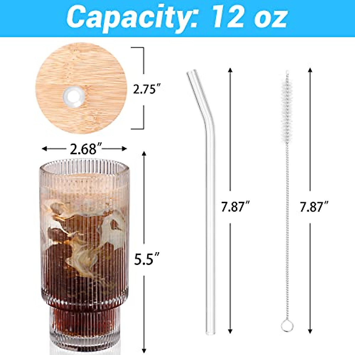 AKONEGE Ribbed Glassware Drinking Glasses with Lid and Straws, 12oz Ribbed Glass Cups Vintage Fluted Glassware Set of 4, Iced Coffee Cup, Coffee Bar Accessories for Whiskey Cocktail Beer Coffee Tea