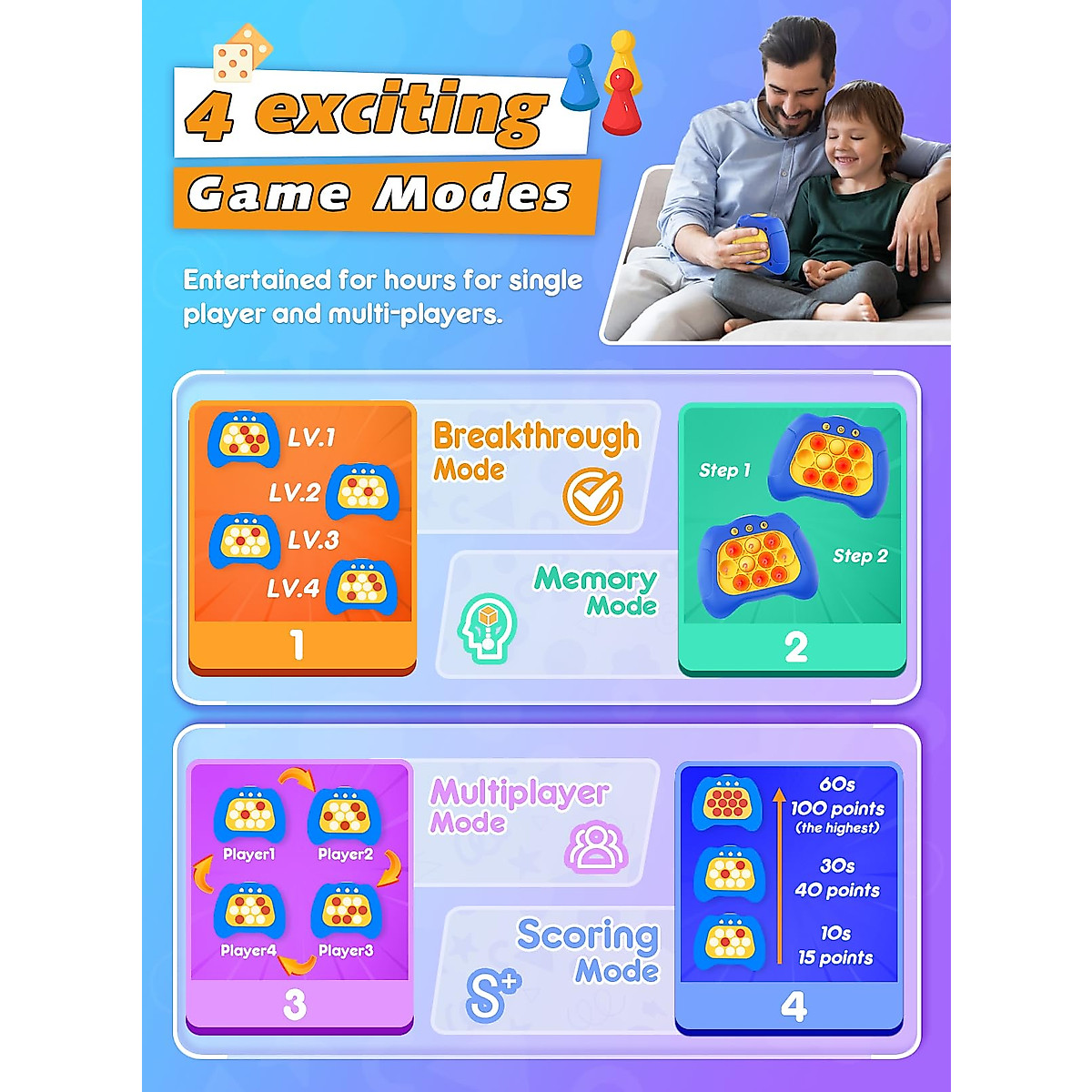 Light Up Bubble Up Fidget Toy, Electronic Quick Push Game Console, Birthday Gifts for 6 7 8 9 10-12 Year Boys and Girls Push Up Stress Toy, Concentration Fast Speed Puzzle Game for Family Party - Blue