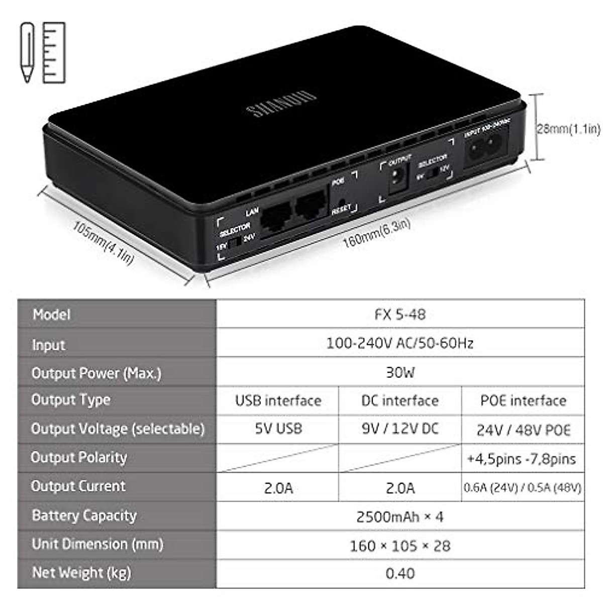 Mini UPS Battery Backup with Gigabit POE for Router, Modem, Security Camera, Input AC Output USB 5V DC 9V/12V DC 24V/48V POE (1000Mbps)