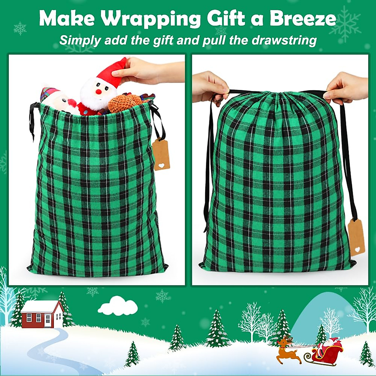 HRX Package Fabric Christmas Gift Bags Assorted (Large 20in, Medium 16in, Small 12in), 9pcs Cotton Gift Wrapping Sacks Cloth Pouches for Xmas Presents