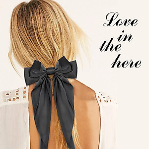 Ambesi Big Satin Silky Hair Barrettes 2pcs, Long Tail French Bow Barrettes for Women Girl, Black Milky White Hair Accessories for Birthday/Party/Show/Christmas/Independence Day