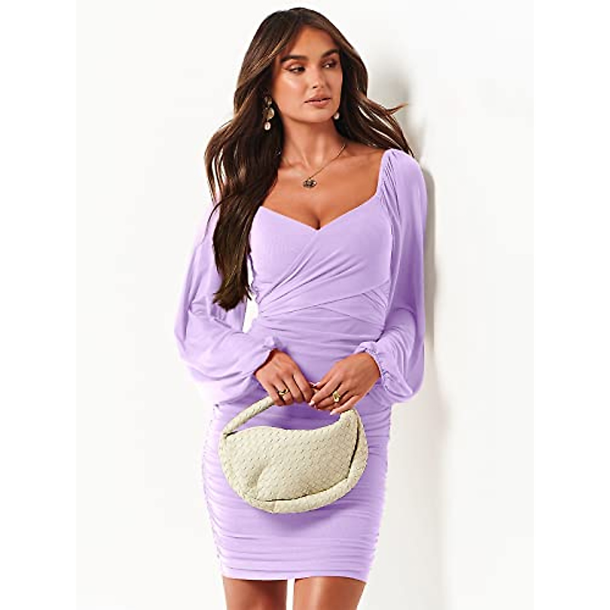 ANRABESS Women's Sexy V Neck Ruched Bodycon Mini Dress Puff Long Sleeve Cocktail Wedding Party Short Dresses 955danzi-S Purple