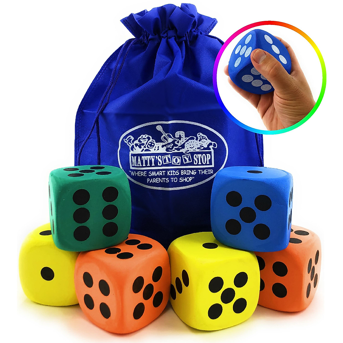 Deluxe Giant 3.15" EVA Foam Dice (Pack of 6) with Bonus Matty's Toy Stop Storage Bag