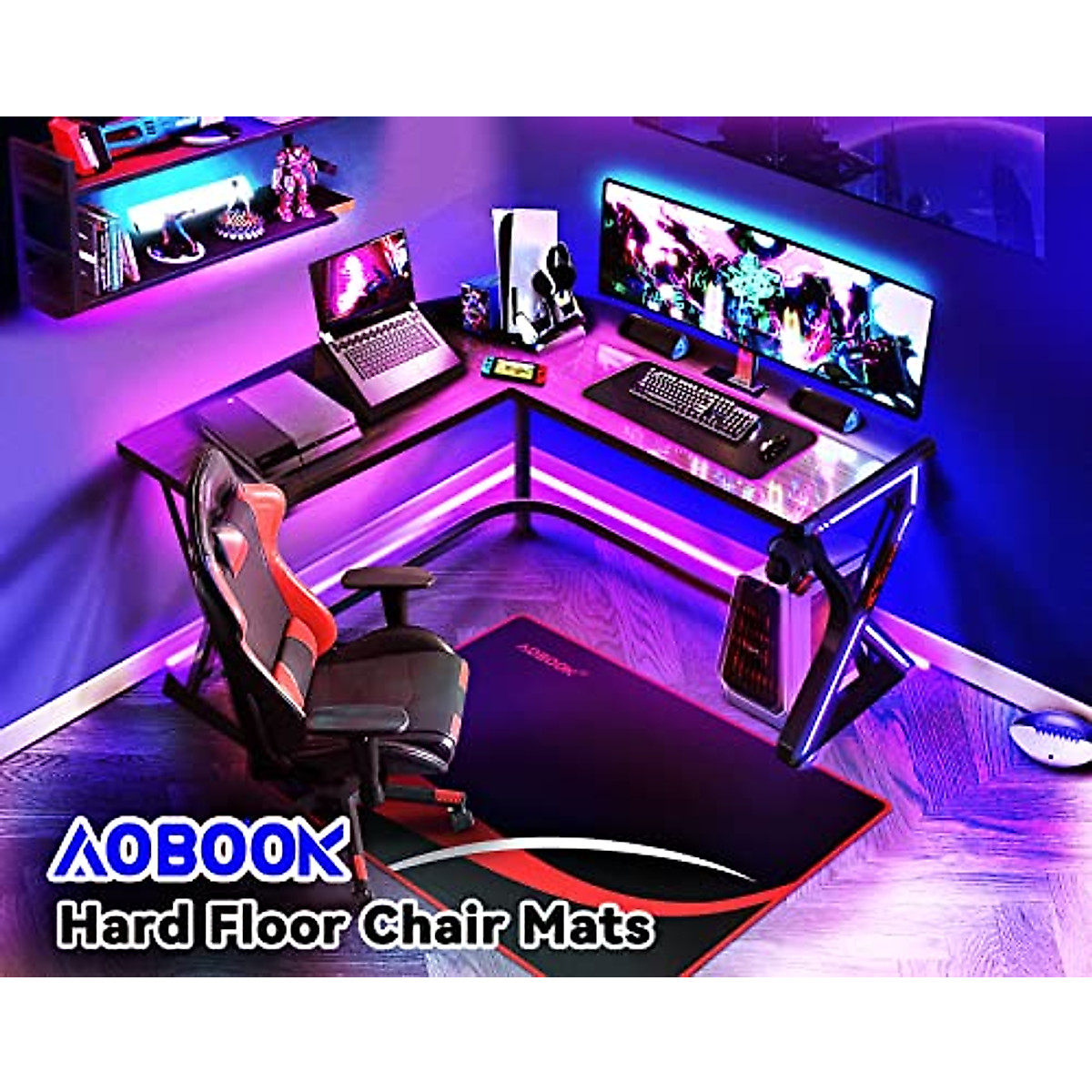 AOBOOK Gaming Chair Mat for Hardwood Floor, 36"x48" Office Chair Floor Mat for Hardwood/Tile, Large Anti-Slip Floor Protector with Double-Sided Tape for Home Ofice, Red