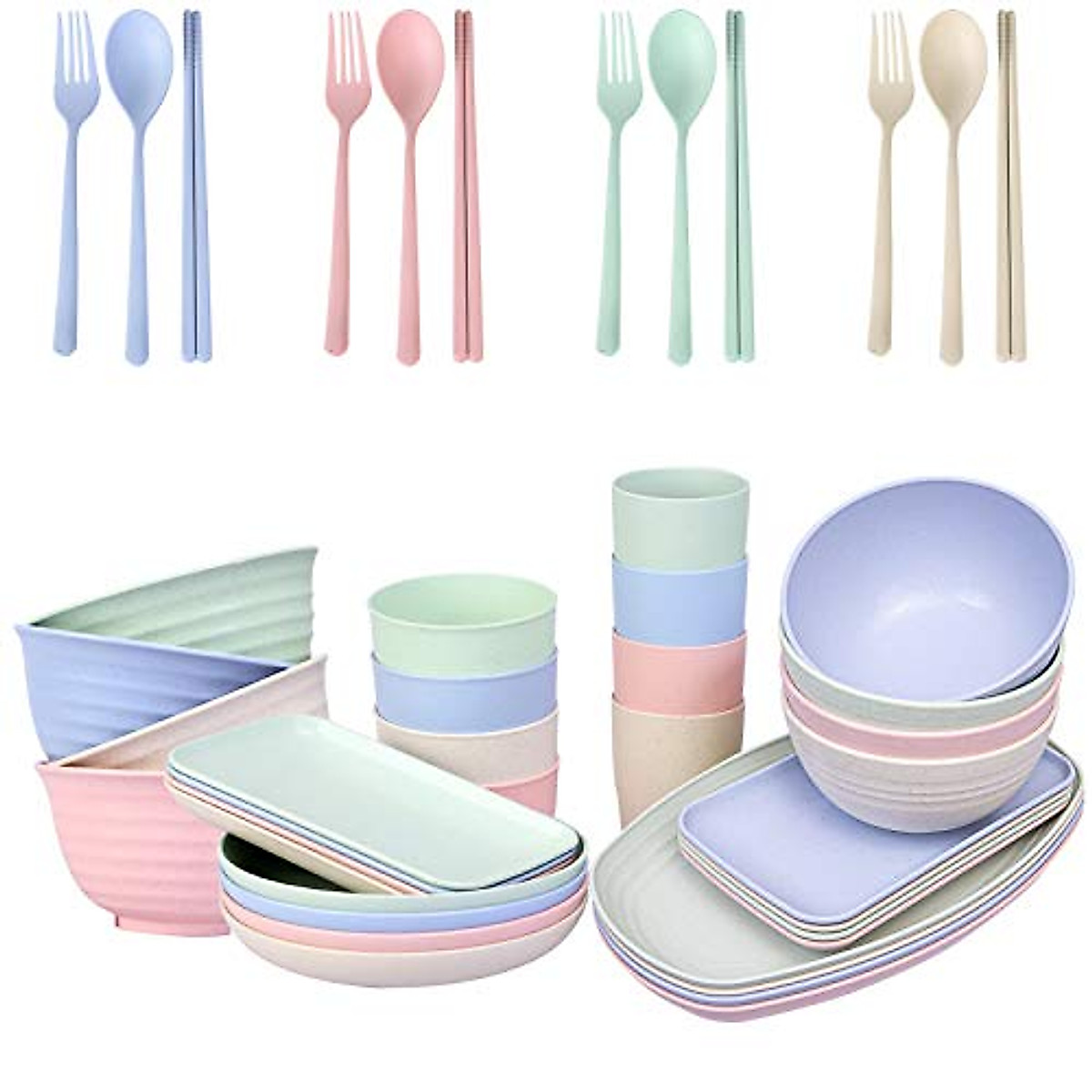 Eco Friendly，Wheat Straw Dinnerware Sets(60pcs)， Multicolor，Lightweight，Degradable ，Durable Dinner Plates Set:Bowls，Cups， Plates Set，Salad Bowls——Microwave and Dishwasher Safe