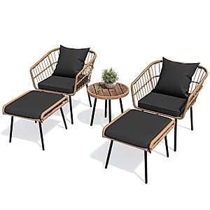 YITAHOME 5-Piece Outdoor Wicker Furniture Set, All-Weather Patio Bistro Set with Footrest, Small Patio Conversation Set for Balcony Outside, Outdoor Chairs with Ottomans and Coffee Table - Black