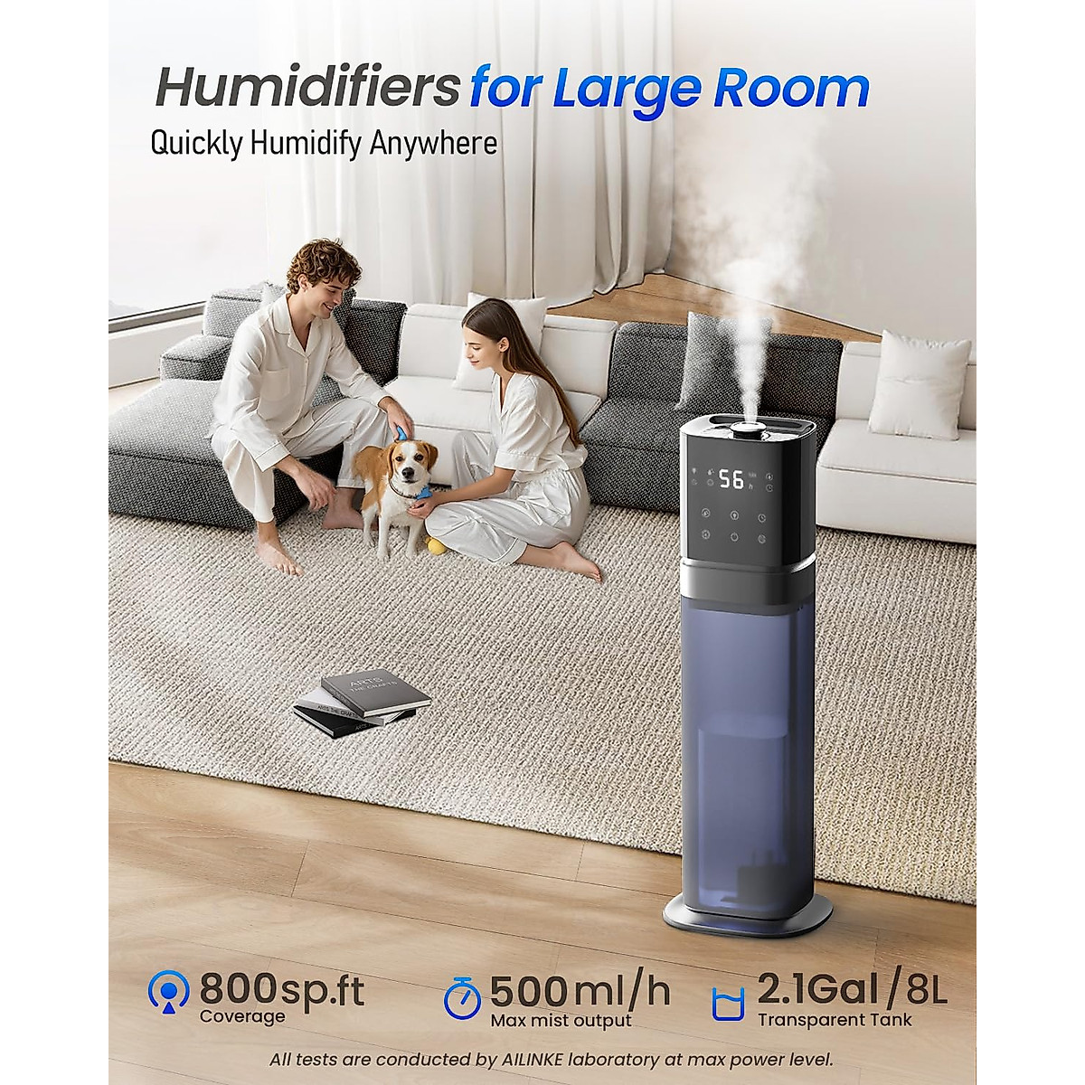 AILINKE Humidifier Large Room Bedroom, Cool Mist Humidifiers for Home Bedroom with Extended Tube, Room Cool Mist Humidifier, School, Office, Warehouse, 2.1Gal/8L
