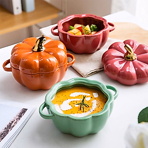 YUMUO Pumpkin Not-Stick Ceramics Dish,Fashion Creative Tableware Dessert Fruit Soup Bowl with Lid,for Cooking & Serving Orange