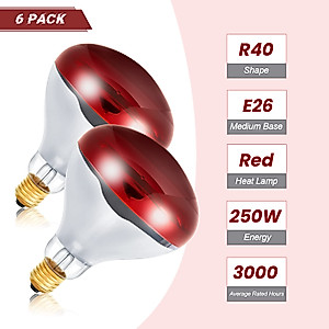 Treela 6 Pcs 110V Red Infrared Bulbs Medium E26 Base, Red Heat Lamp Flood Light Bulbs Heat Light Bulb for Bathroom Chickens Brooder Pets (250W)