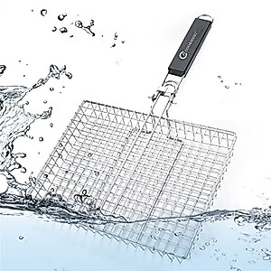 JY COOKMENT Grill Basket Stainless Steel with Portable Removable Handle, Grilling Basket-BBQ Accessories for Vegetable, Shrimp, Fish, Steak and Outdoor Use-Dishwasher Safe