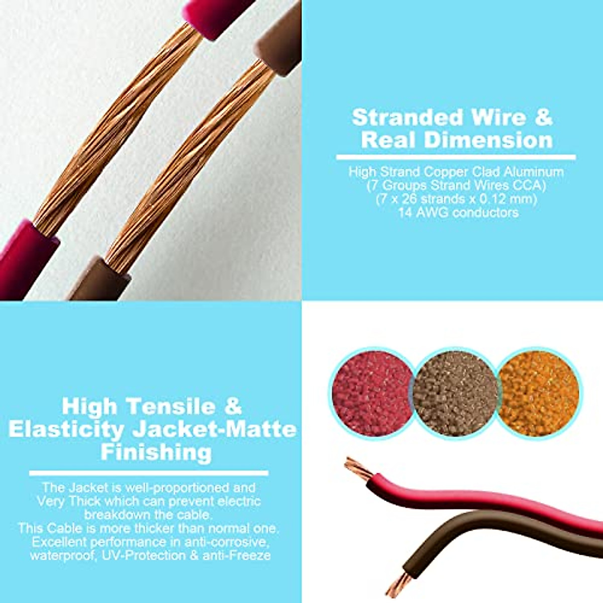 TYUMEN 100FT 14/2 Gauge Red/Brown Wire Power Ground Cable, 14 AWG Stranded Flexible Wire for Electrical Wire, Primary Automotive Wire, Battery Cable, Car Audio Speaker, 12 Volt Low Voltage Wiring