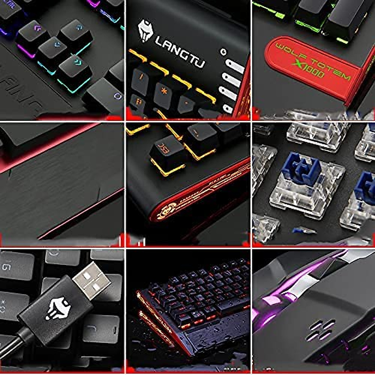 Multimedia Knob Computer Mechanical Keyboard Sandblast Metal Panel,104-Keys Conflict Free Buttons Gaming Keyboard,Dazzle Colour on Both Side, Mouse+Mouse Pads (Black/Raionbow Backlit/Blue Switch)