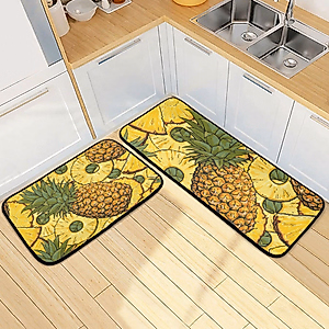 BOENLE Kitchen Rugs and Mats Non Skid Washable Kitchen Rug Set 2 Piece Tropical Pineapple Exotic Fruits Carpet Ergonomic Comfort Standing Mat for Kitchen,Bathroom, Laundry