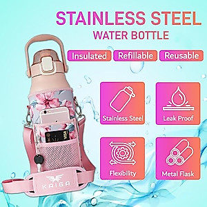44 Oz Stainless Steel Water Bottle with Straw, Insulated Double Walled Thermos with Wide Mouth and Leak Proof Lid, Jug with Handle, Straw and Sleeve - Large BPA Free Metal Flask