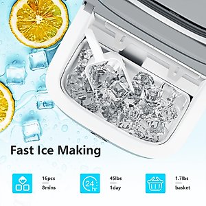Antarctic Star Countertop Ice Maker Machine,45Lbs Square Ice Cubes in 24 Hrs,16 Ice Cubes Ready in 8 Mins with Self-claning,24H Timer Setting, Ice Scoop and Basket for Home Kitchen Office Bar, Grey