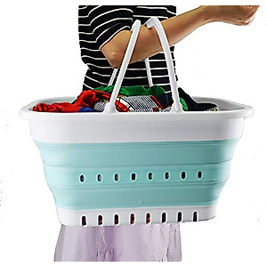 SAMMART 9.2L & 19L Collapsible Tub with Handle - Portable Outdoor Picnic Basket/Crater - Foldable Shopping Bag - 2 pieces (Grey & Lake Green)