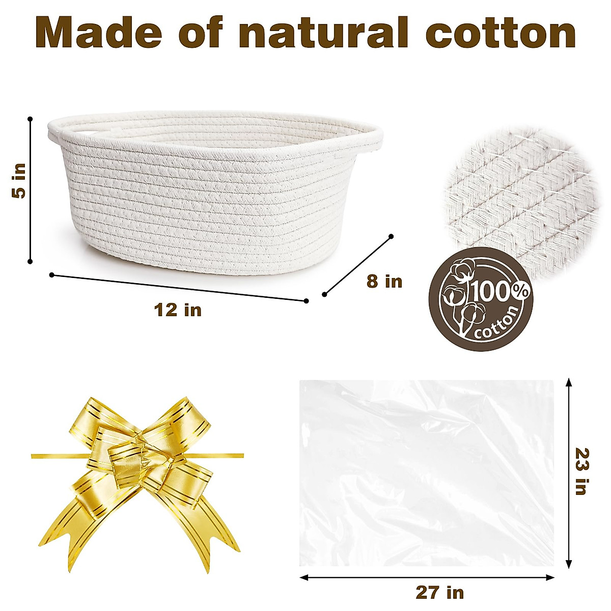 Lechay Small Woven Basket with Handles, Baskets Empty with Bags and Ribbons for Valentine's Day, Wedding, Birthday, Easter