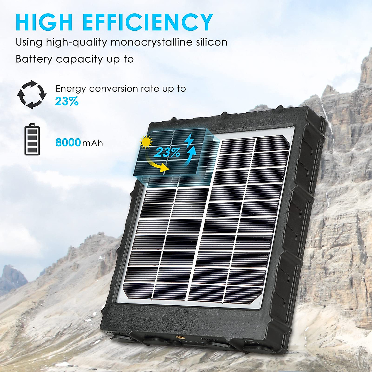 Solar panel, 3W portable solar panel kit, 8000mAh large capacity, 12V/9V/6V output 5V input, IP66 waterproof suitable for homes, solar lights, camping, trail camera, fishing