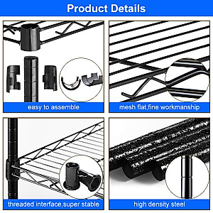 Storage Metal Shelf 5 Tier Wire Shelving Unit Standing Shelf Units Heavy Duty Garage Shelving with Feet Levelers 1250Lbs Capacity Adjustable Commercial Shelving Kitchen Rack, Black