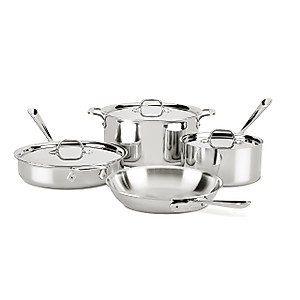 All-Clad D3 3-Ply Stainless Steel Cookware Set 7 Piece, Induction Compatible, Oven Broiler Safe 600F, Kitchen Cooking Set w/ Frying Pan, Sauce Pan, Saute Pan, Stockpot, Professional Pots & Pans Silver