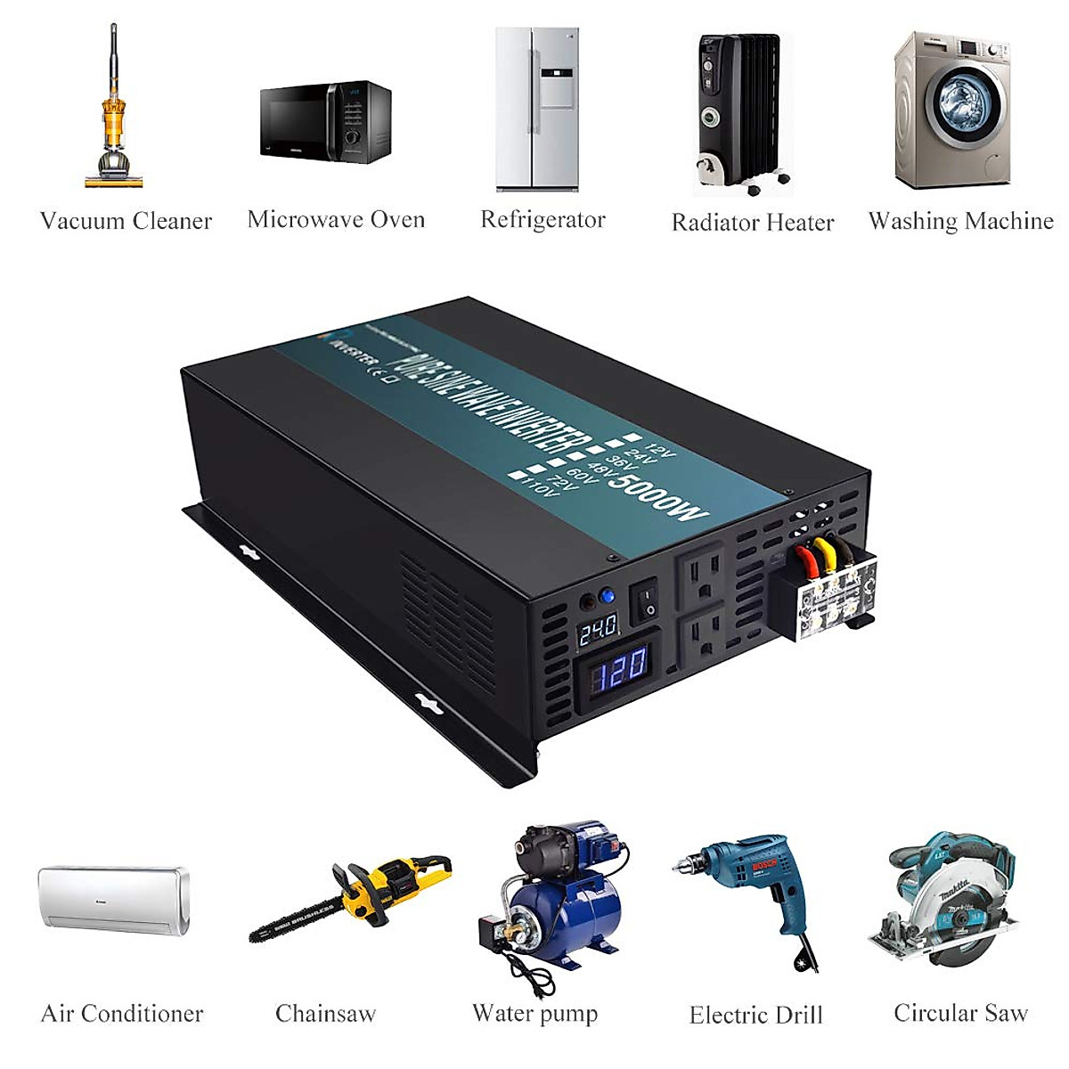 WZRELB Pure Sine Wave 5000W (10000W Surge) 24V Power Inverter DC to AC Power - Solar, RV, RBP-S500024