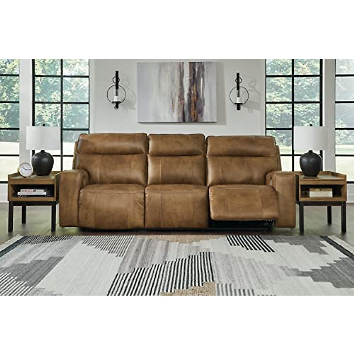 Signature Design by Ashley Game Plan Contemporary Tufted Leather Power Reclining Sofa with Adjustable Headrest, Light Brown