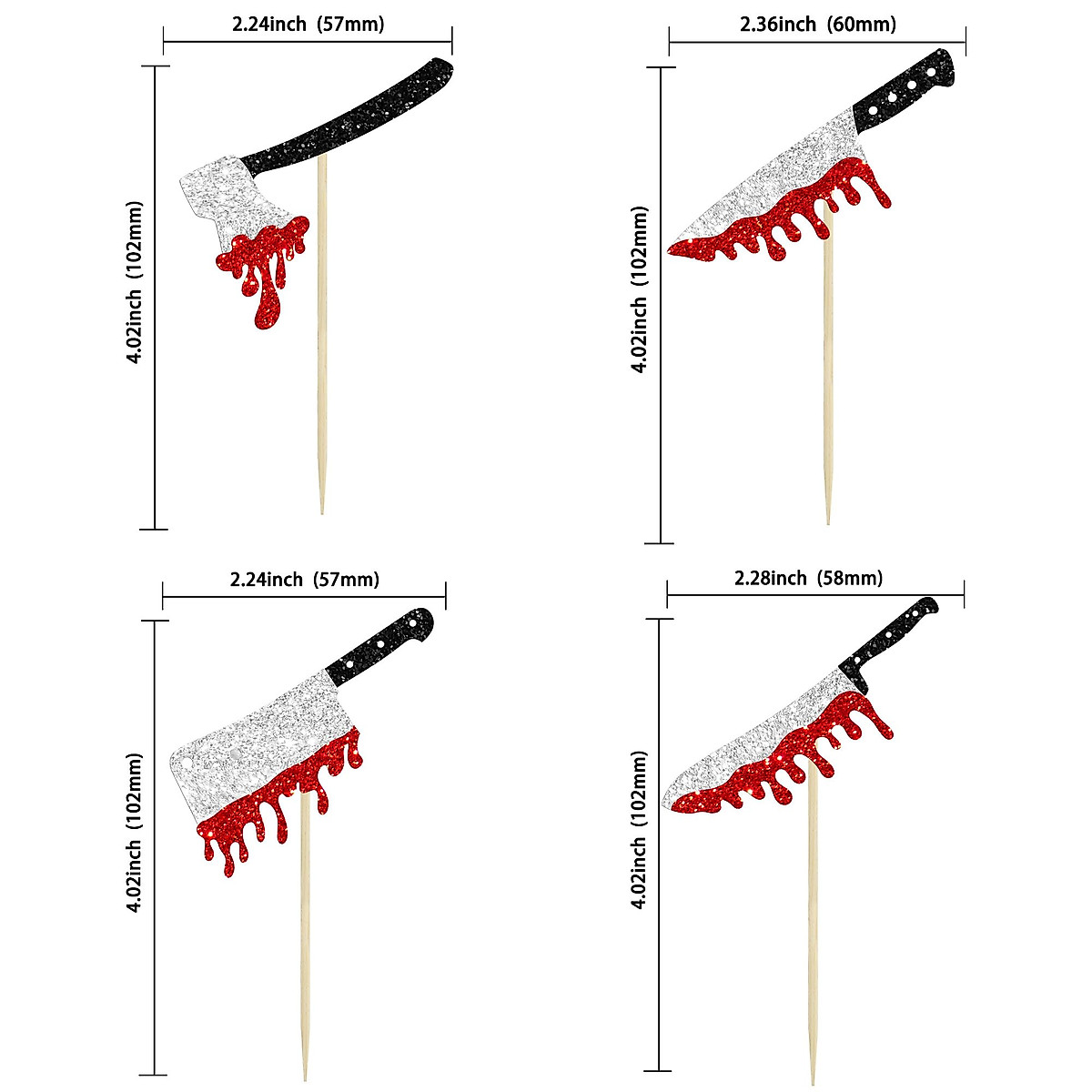 24Pcs Halloween Cupcake Toppers Glitter Horror Blood Knife Cupcake Picks Killer Birthday Cake Decorations for Halloween Blood Knife Theme Birthday Party Supplies