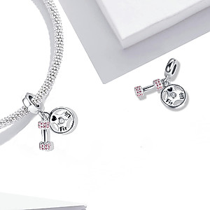 QeenseKc Dumbbell Barllbell Gym Workout Pendant Charm Sports Barbell CZ Bead for Pandora Bracelet Pink Aut-176_Dumbbell_10 0