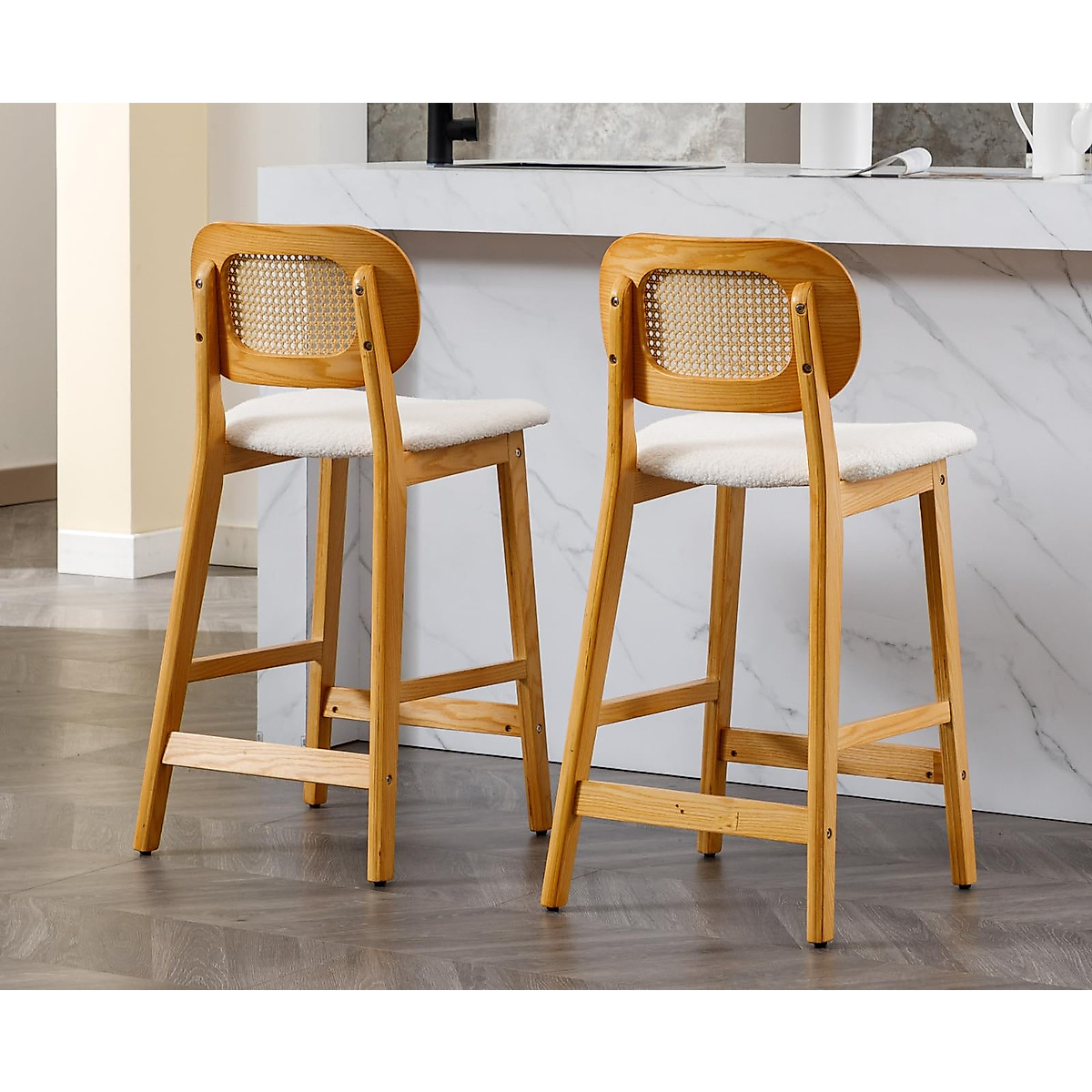EALSON Counter Height Bar Stools Set of 2 Rattan Back Farmhouse Barstools Mid Century Modern Wood Bar Chairs Comfortable Sherpa Upholstered Kitchen Island Chairs for Pub/Breakfast Bar, Beige
