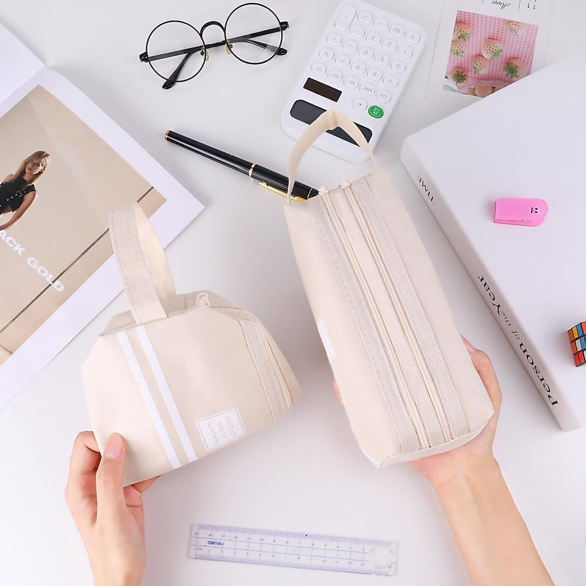 iSuperb Portable Pencil Case Large Capacity Dual Zipper Stationery Organizer Storage Pouch Pen Bag Compartments Cosmetic Bags for Office Women