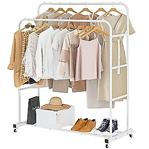 Laiensia Double Rod Garment Rack,Portable Rolling Clothes rack on Wheels,for Hanging Clothes,White