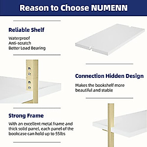 NUMENN 5 Tier Book Shelf, Industrial Ladder Shelf, Open Space Wall Mount Bookshelf with Metal Frame, Sturdy Book Shelves, Bookcase for Living Room, Home Office Shelf, White and Gold