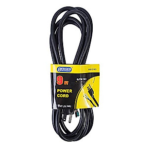 Bergen Industries Inc PS913163 3-Wire Appliance and Power Tool Cord, 9 ft, 16 AWG, 13A/125V AC, 1625w , Black