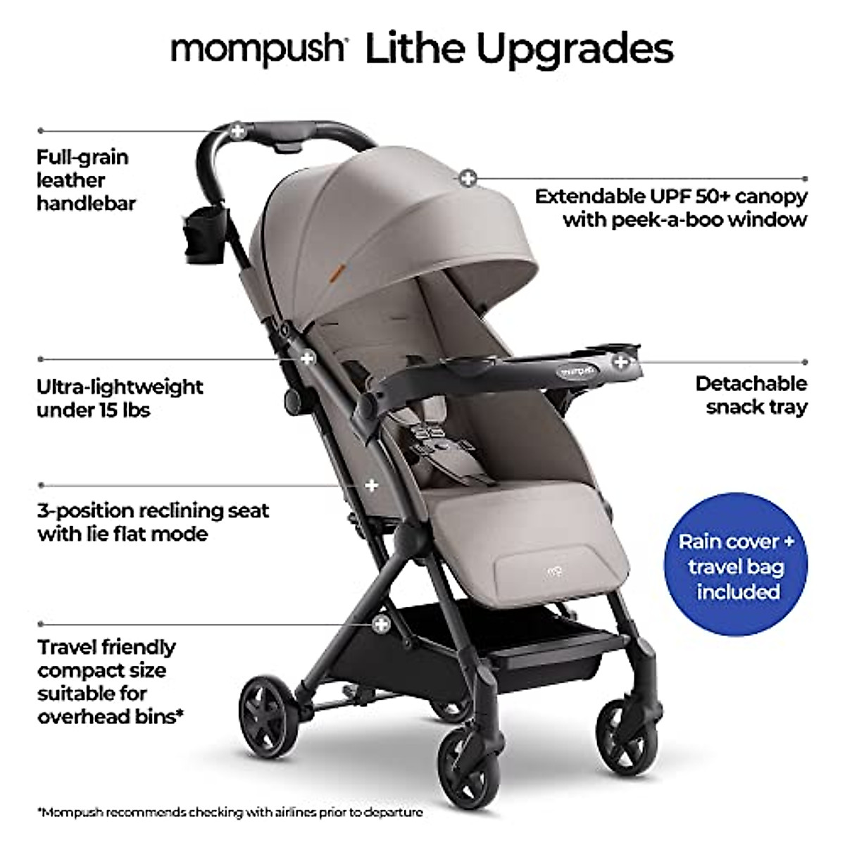 Mompush Lithe V2 Lightweight Stroller + Snack Tray, Ultra-Compact Fold & Airplane Ready Travel Stroller, Near Flat Recline Seat, Cup Holder, Raincover & Travelbag Included